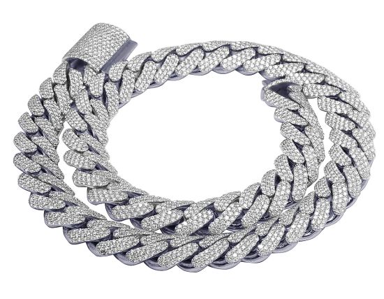 15MM Silver and Lab Diamond Cuban Chain